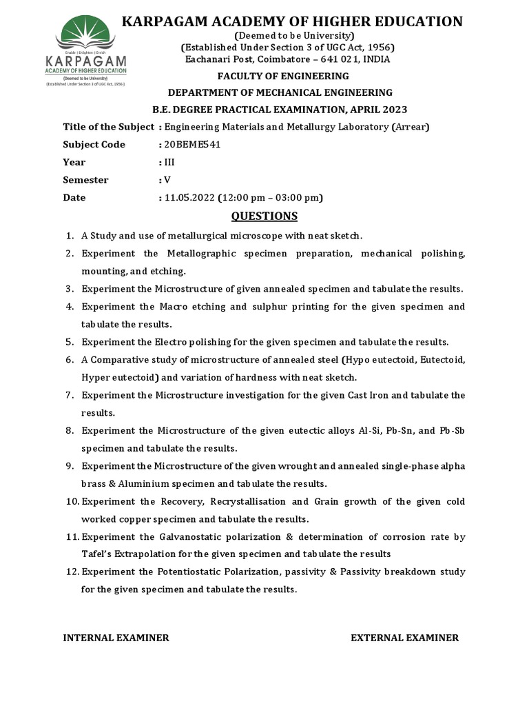 Engineering Materials and Metallurgy Question Paper SET | PDF ...