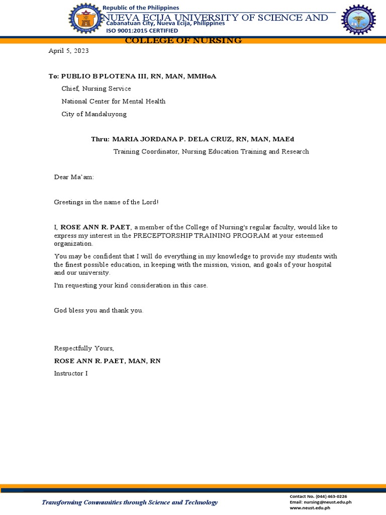 Letter of Intent Preceptor | PDF | Nursing | Medicine