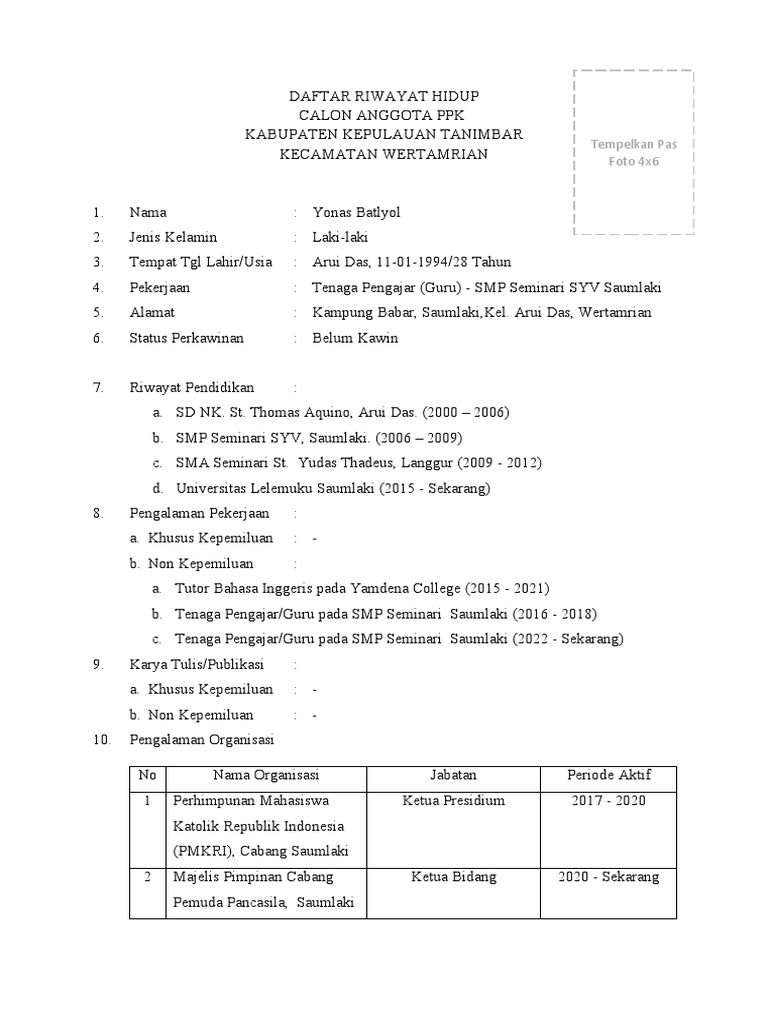 Daftar Riwayat Hidup - Yonas Batlyol | PDF