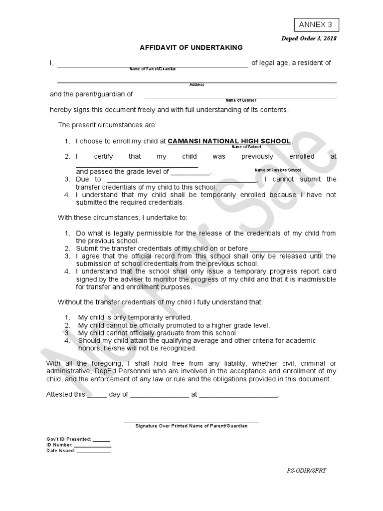 Annex 3 Affidavit of Undertaking DO 3 2018 | PDF | Government | Justice
