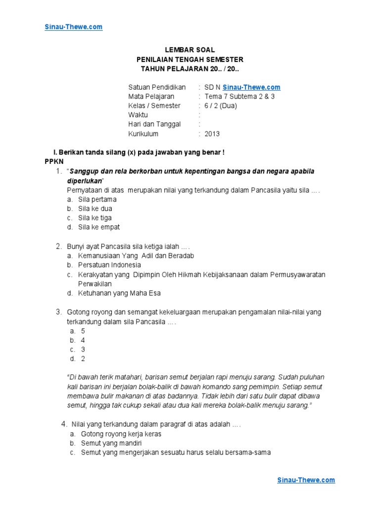 Soal & Jawaban PTS Kelas 6 (Tema 7 Subtema 2 & 3) | PDF | Kajian Bahasa ...