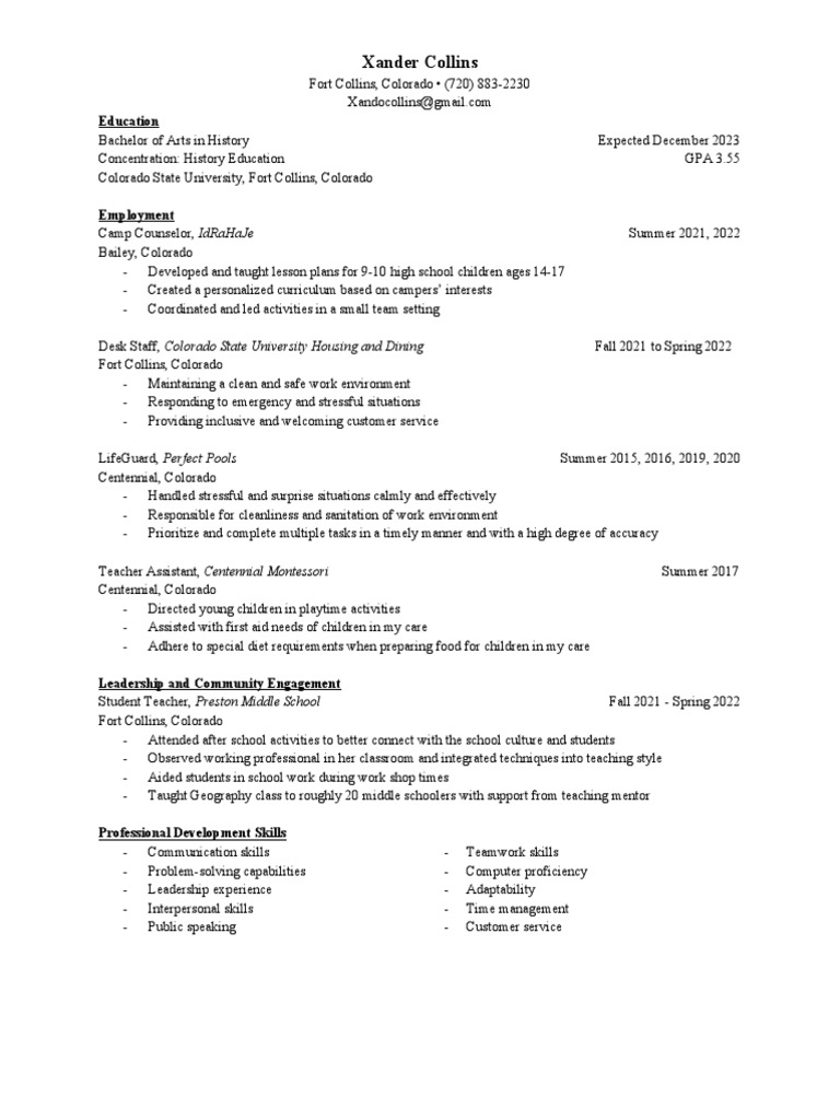 Collins Xander Resume | PDF | Schools | Teachers