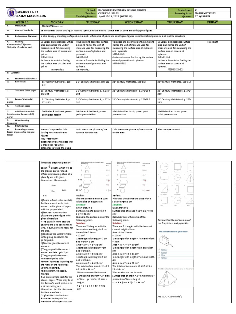 DLL Math 6 Q3 W10 | PDF | Area | Length DLL Math 6 Q3 W10 | PDF | Area | Length