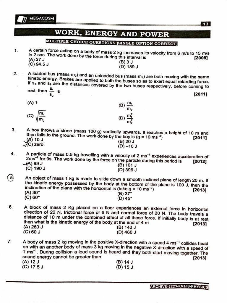 Work Power Energy Nsejs Pyqs | PDF
