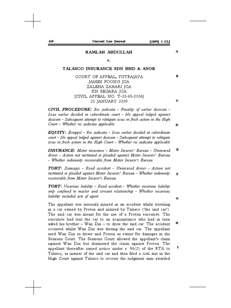 Ramlah Abdullah v. Talasco Insurance SDN BHD & Anor: 620 (2009) 3 CLJ A ...