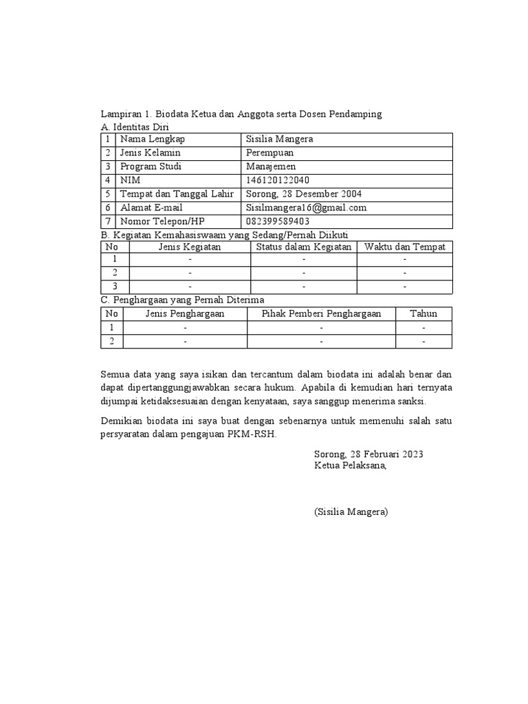 Biodata Ketua dan Anggota PKM-RSH | PDF