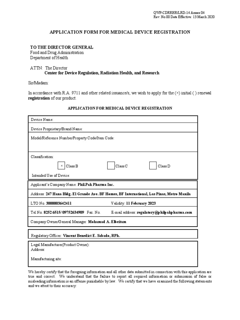 Application Form For Medical Device Registration: To The Director ...