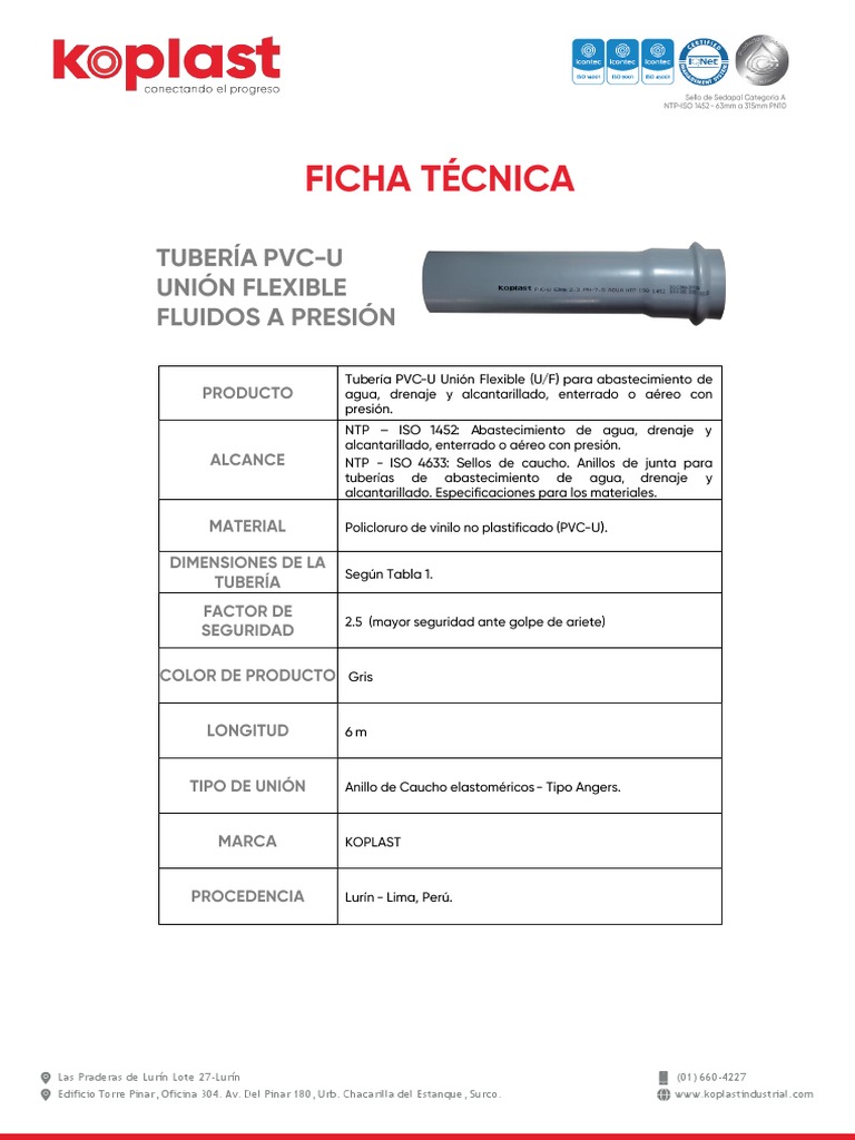 Ficha Técnica Tuberia Pvc-U - Agua Potable - NTP Iso 1452 - Unión Anger ...