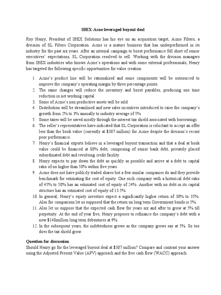 IBEX-Acne leveraged buyout deal | PDF | Debt | Equity (Finance)