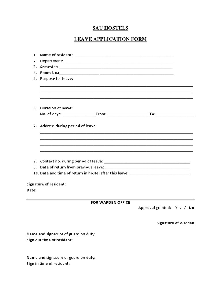 Sau Hostels Leave Application Form: For Warden Office | PDF