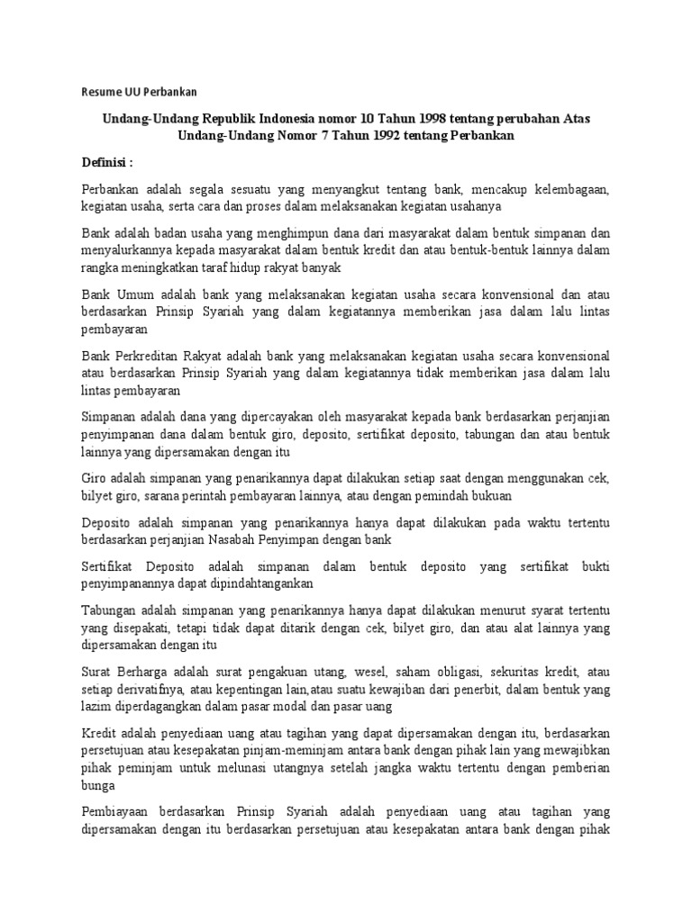 Resume UU 10 Tahun 1998 Tentang Perbankan | PDF