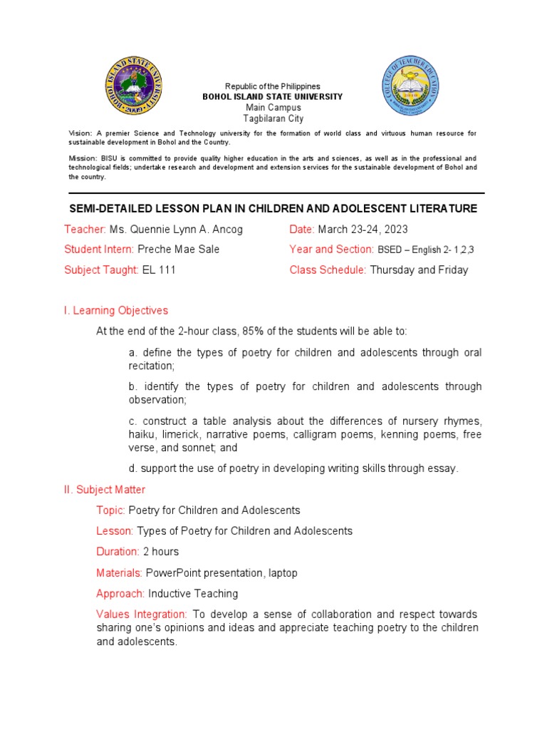EL 111 Lesson Plan 5 | PDF | Poetry | Children's Poetry