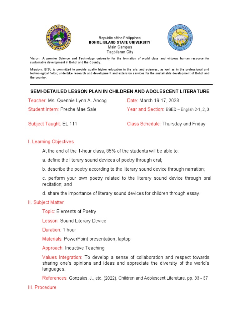 EL 111 Lesson Plan 2 & 3 | PDF | Teachers | Poetry