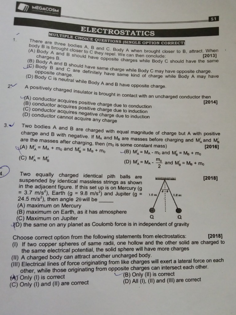 Electrostatics Pyqs Nsejs Pdf Electric Charge Lightning