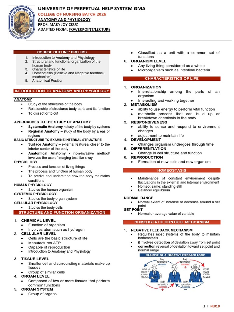 Anatomy and Physiology Course Outline: Introduction to Anatomical ...