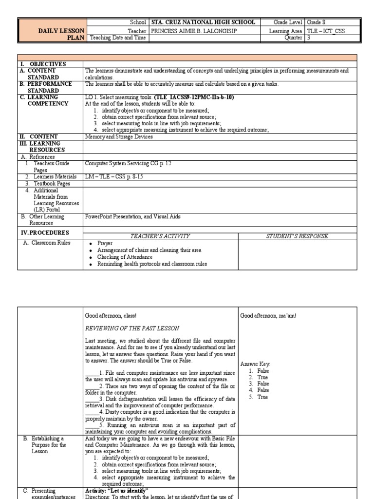 Grade 8 TLE Lesson Plan: Measuring Tools | PDF | Computer Data Storage ...