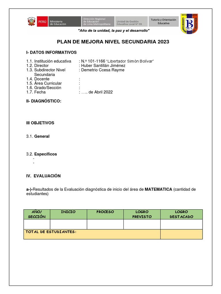 Propuesta de Plan de Mejora LSB-2023 Ccesa007 | PDF | Matemáticas | Evaluación