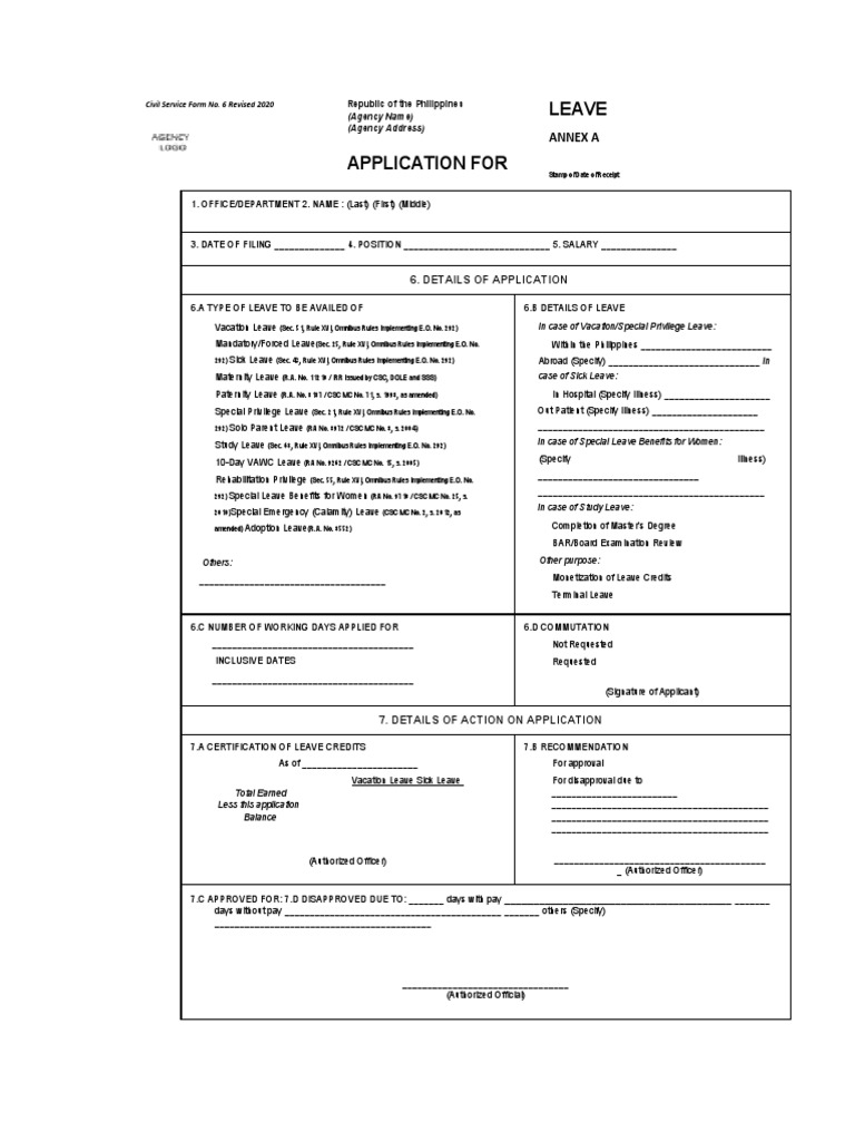 CS Form No. 6, Revised 2020 (Application For Leave) (Secured) | PDF ...
