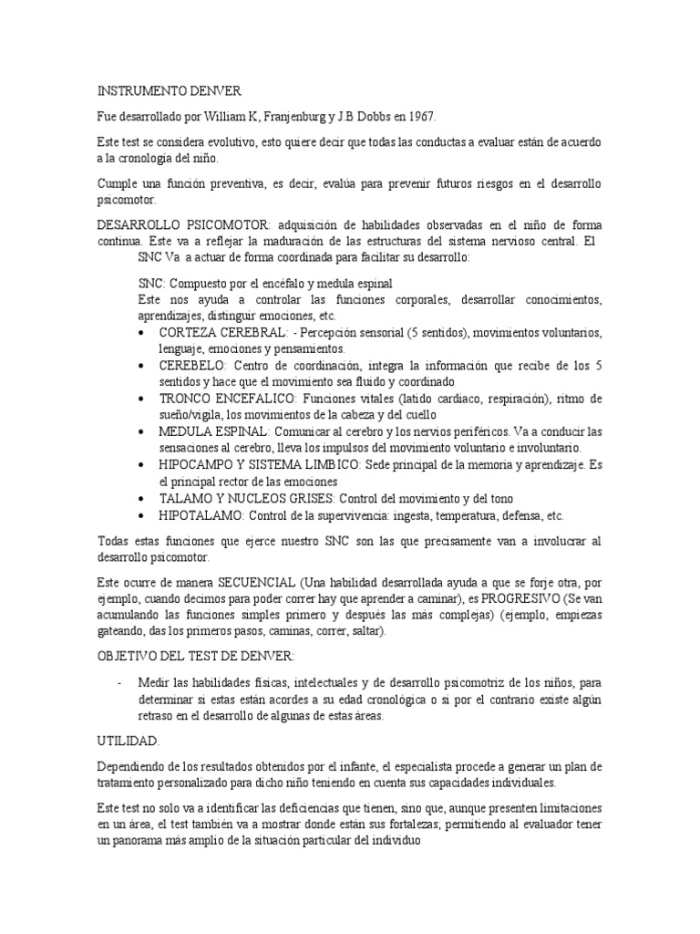 Test de Denver: Evaluación Psicopedagógica Infantil | PDF | Cerebro ...