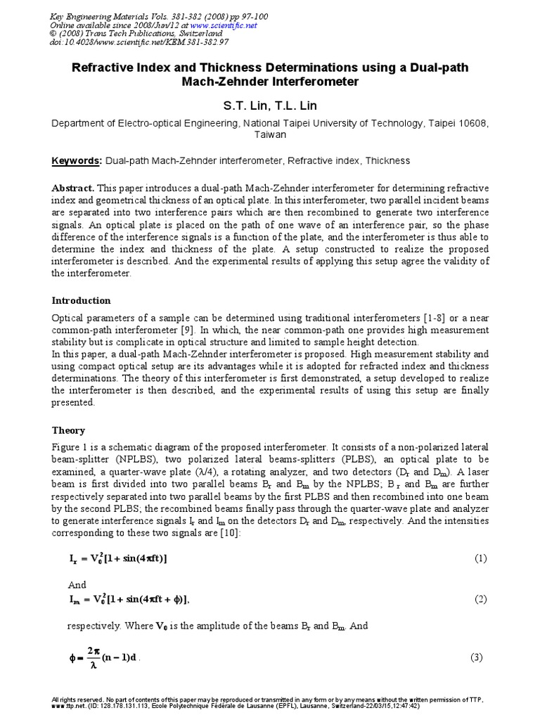Refractive Index and Thickness Determinations Using A Dual-Path Mach-Zehnder Interferometer S.T ...