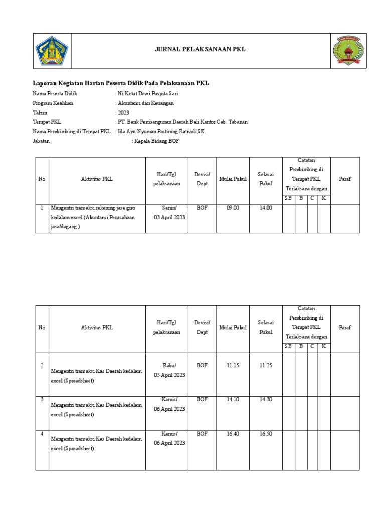 Jurnal Pelaksanaan PKL | PDF