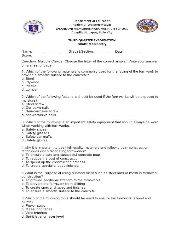 Final Exam Grade 9 Final Revised | PDF | Concrete | Personal Protective ...