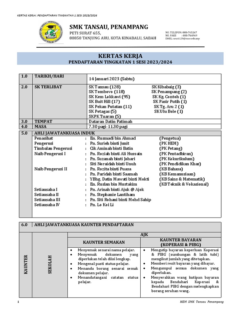 Kertas Kerja Pendaftaran Tingkatan 1 THN 2023 2024 | PDF