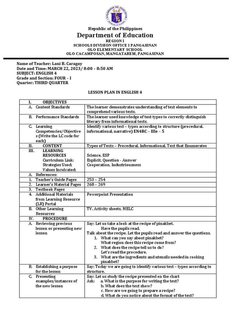 Grade 4 Lesson Plan: Text Types | PDF | Learning | Plants