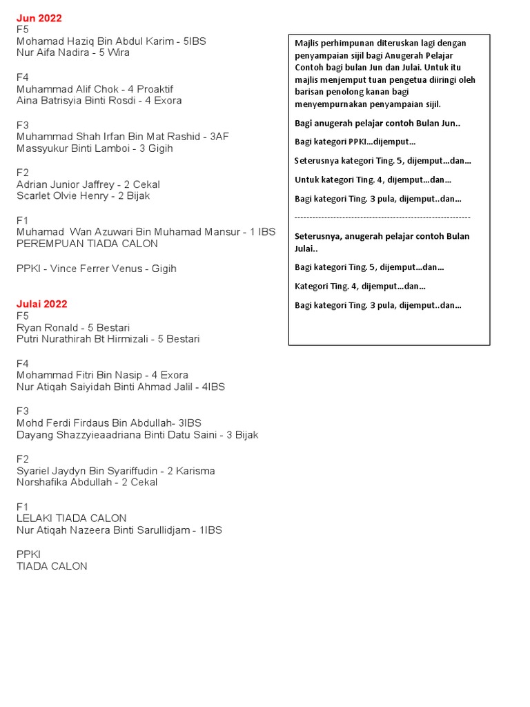 Teks Ucapan Anugerah Pelajar Contoh | PDF