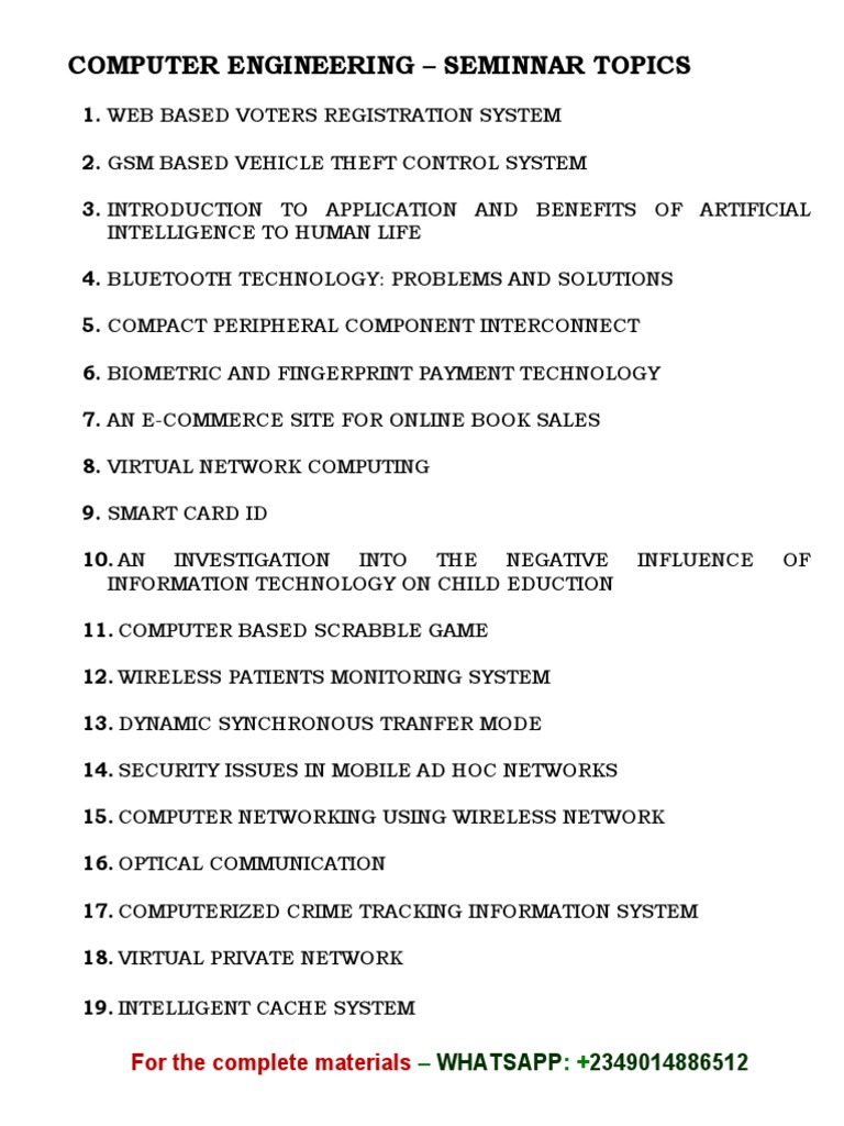 Computer Engineering Seminar Topics - B.SC, HND | PDF | Computer Network | Wireless Lan