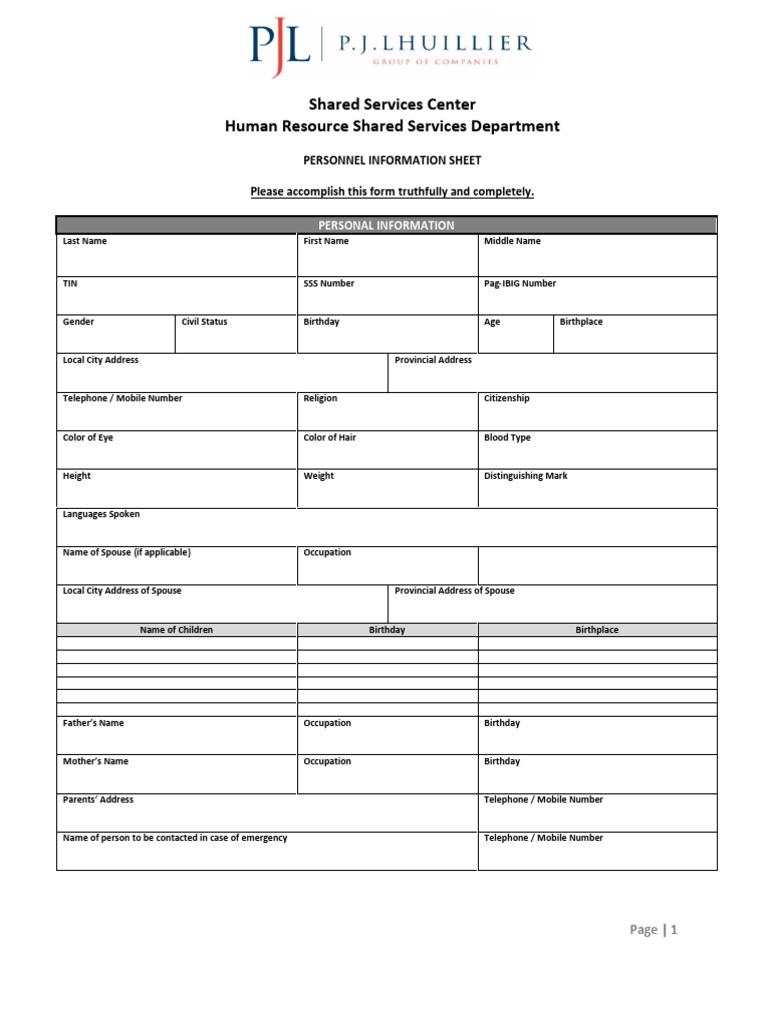 Personnel Information Sheet Template | PDF | Employment | Witness