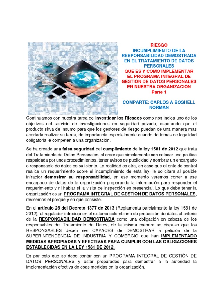 Riesgo: Incumplimiento de La Responsabilidad Demostrada en El Tratamiento de Datos Personales ...