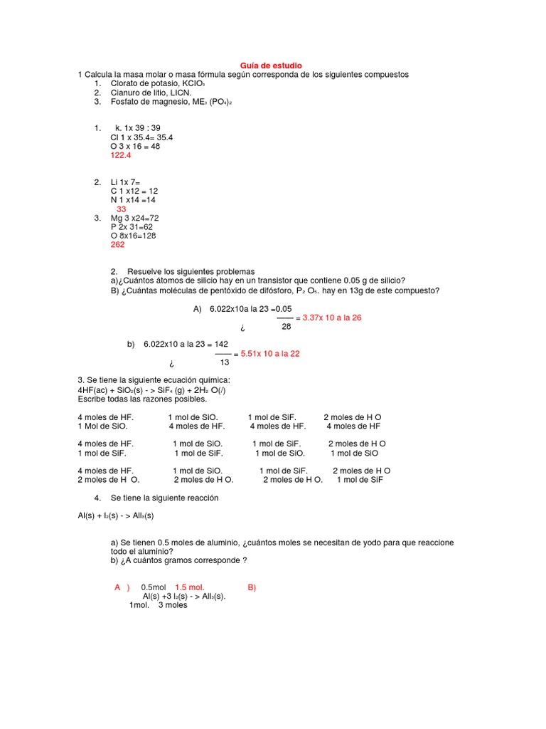 Guia de Estudio Quimica Prepa 1 | PDF | Mole (Unidad) | Reacciones químicas