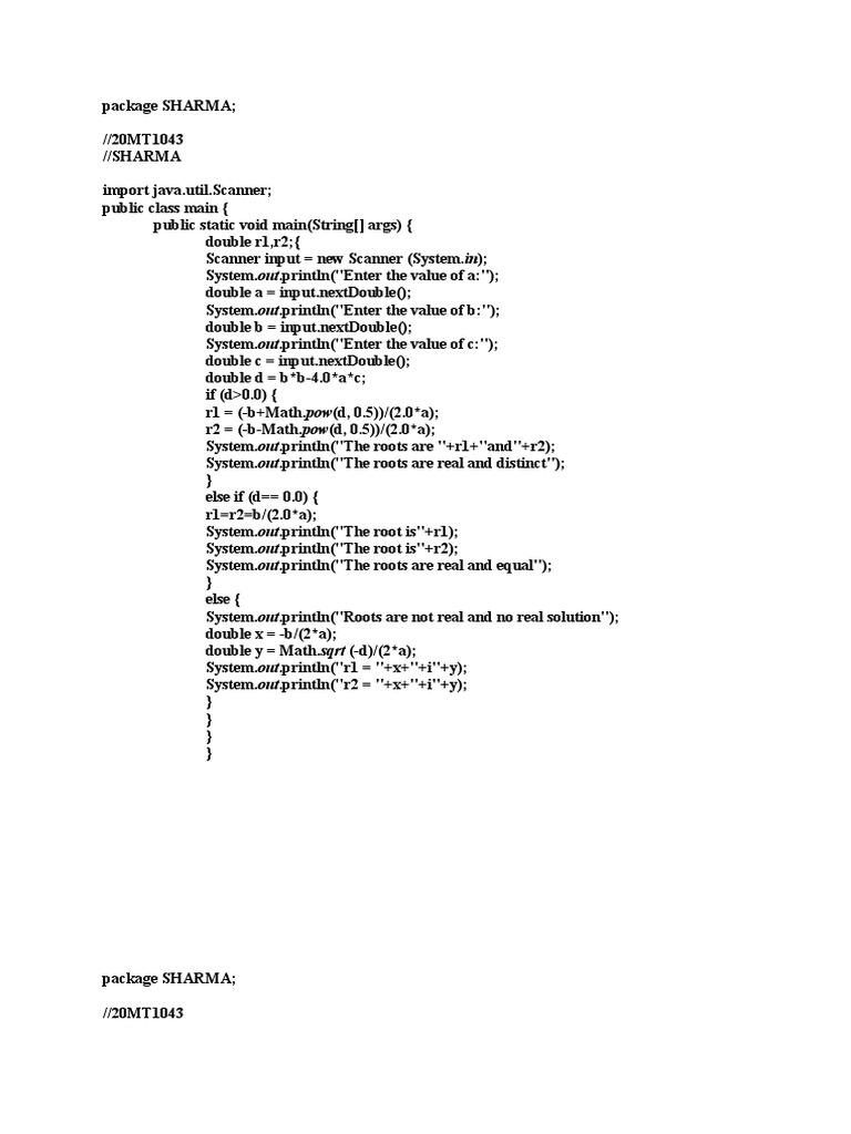 Java Program to Calculate Roots of Quadratic Equation | PDF | Matrix (Mathematics) | String ...