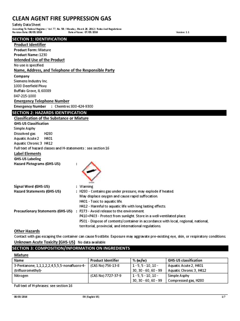 NOVEC 1230 Cylinder MSDS | PDF | Firefighting | Personal Protective ...