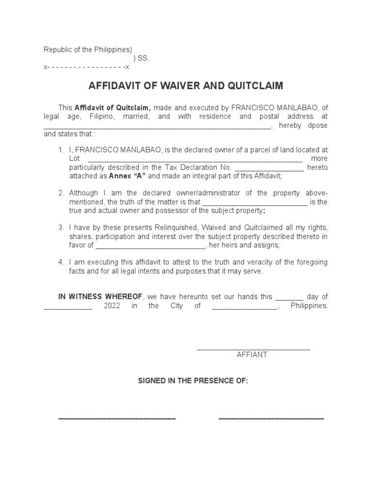 Affidavit of Waiver and Quitclaim | PDF
