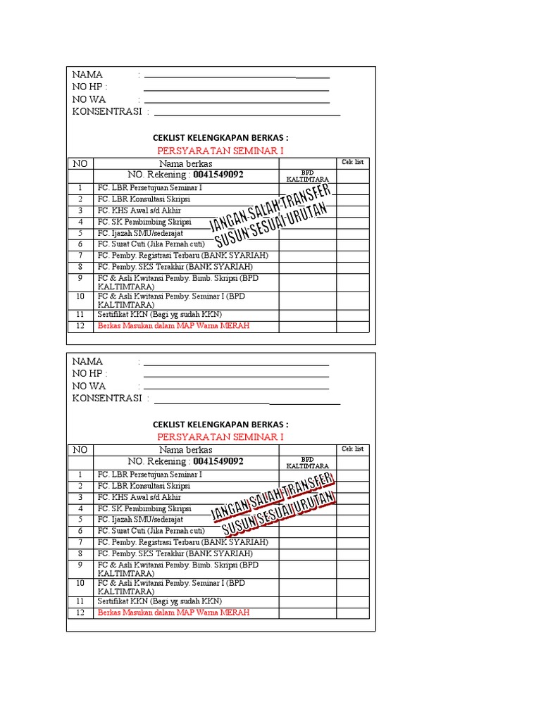 Nama: Nohp: No Wa: Konsentrasi:: Ceklist Kelengkapan Berkas | PDF