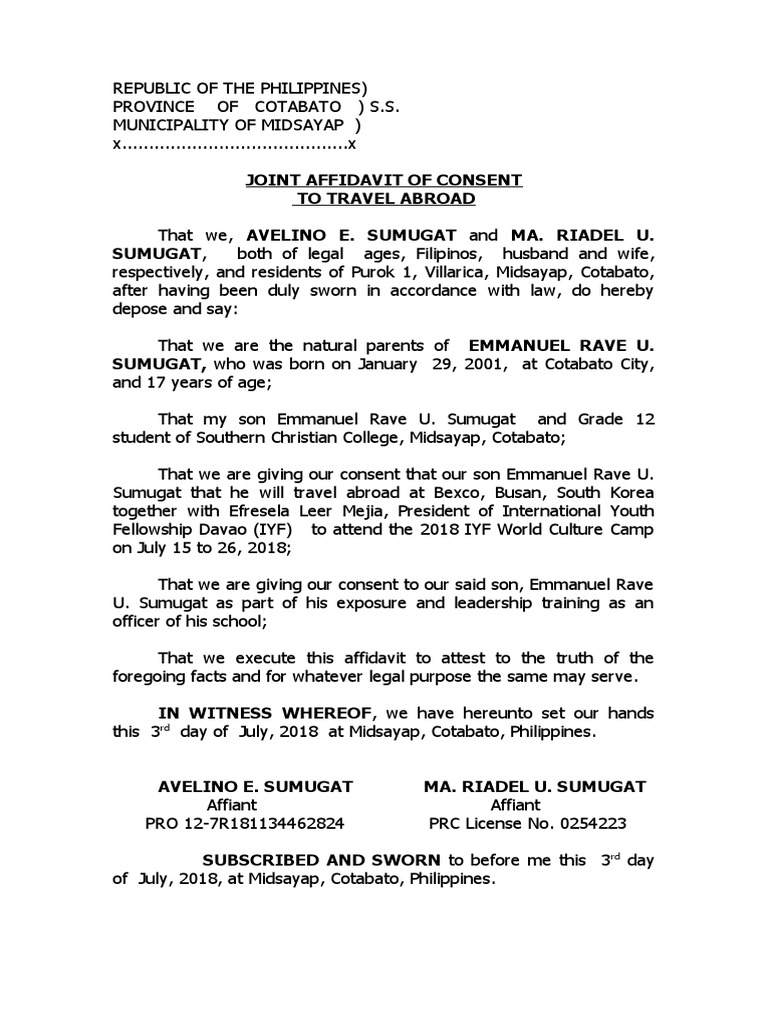 Affidavit of Consent-Travel Sumugat | PDF Affidavit of Consent-Travel Sumugat | PDF