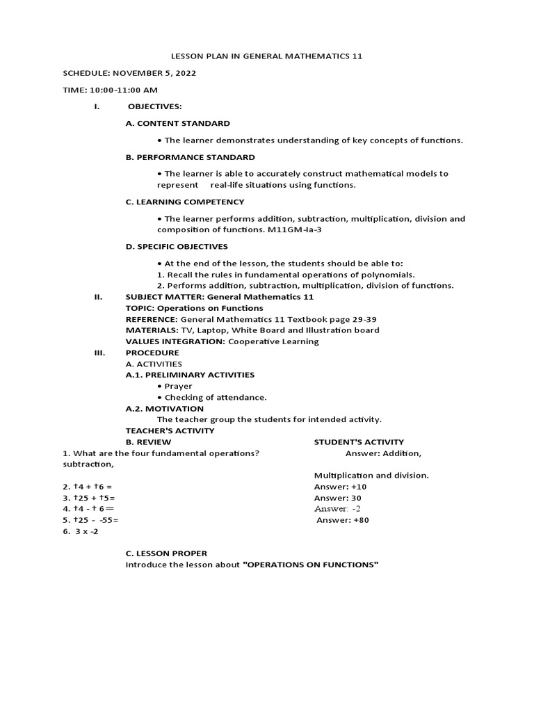 Lesson Plan in General Mathematics 11 | PDF | Multiplication | Polynomial