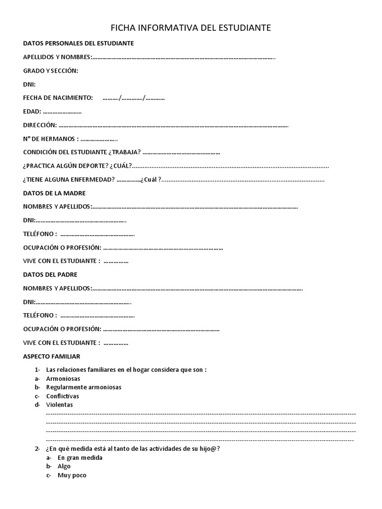 Ficha Informativa del Estudiante | PDF