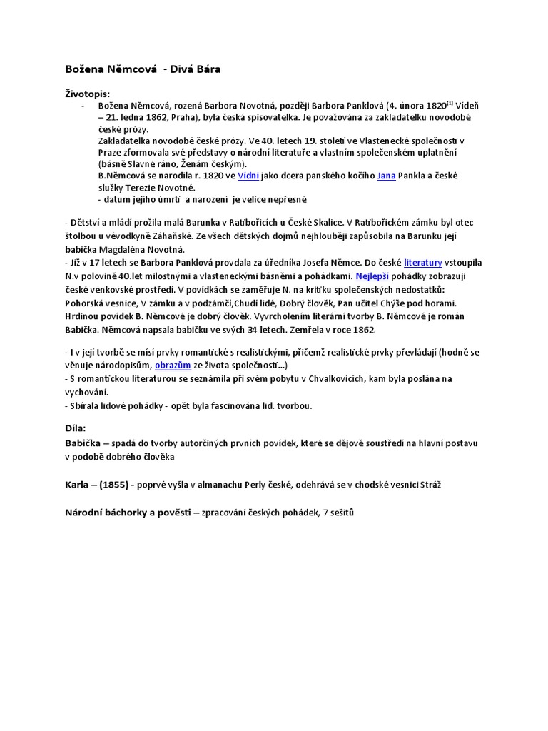 Bozena Nemcova Diva Bara | PDF