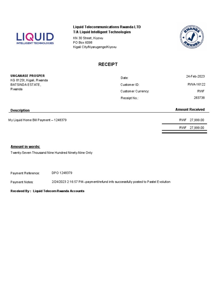 Receipt: Liquid Telecommunications Rwanda LTD T/A Liquid Intelligent ...