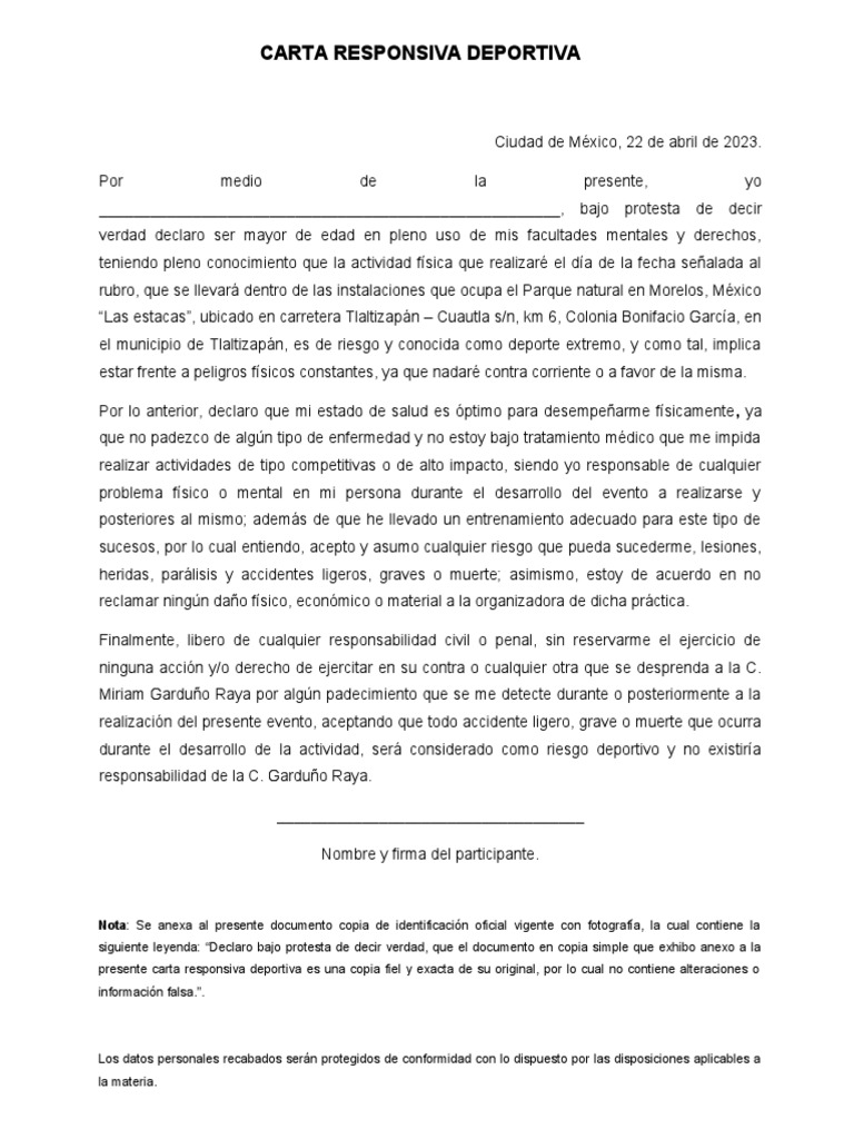 Formato De Carta Responsiva Deportiva Images To Pdf