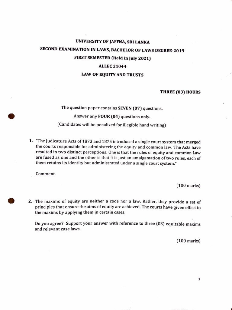 Law of Equity and Trusts Exam Paper | PDF | Trust Law | Trustee