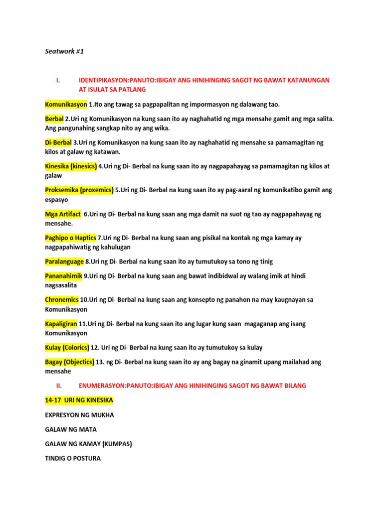 Seatwork #1: I. Identipikasyon:Panuto:Ibigay Ang Hinihinging Sagot NG ...