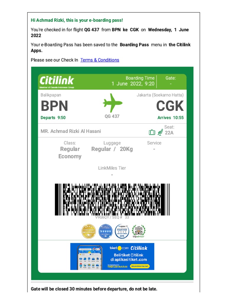 Citilink e-boarding passes for BPN to CGK flight | PDF | Airlines ...