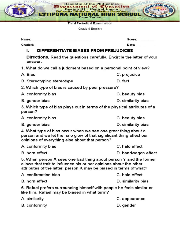 Third Periodical Examination Grade9 | PDF | Bias | Prejudices
