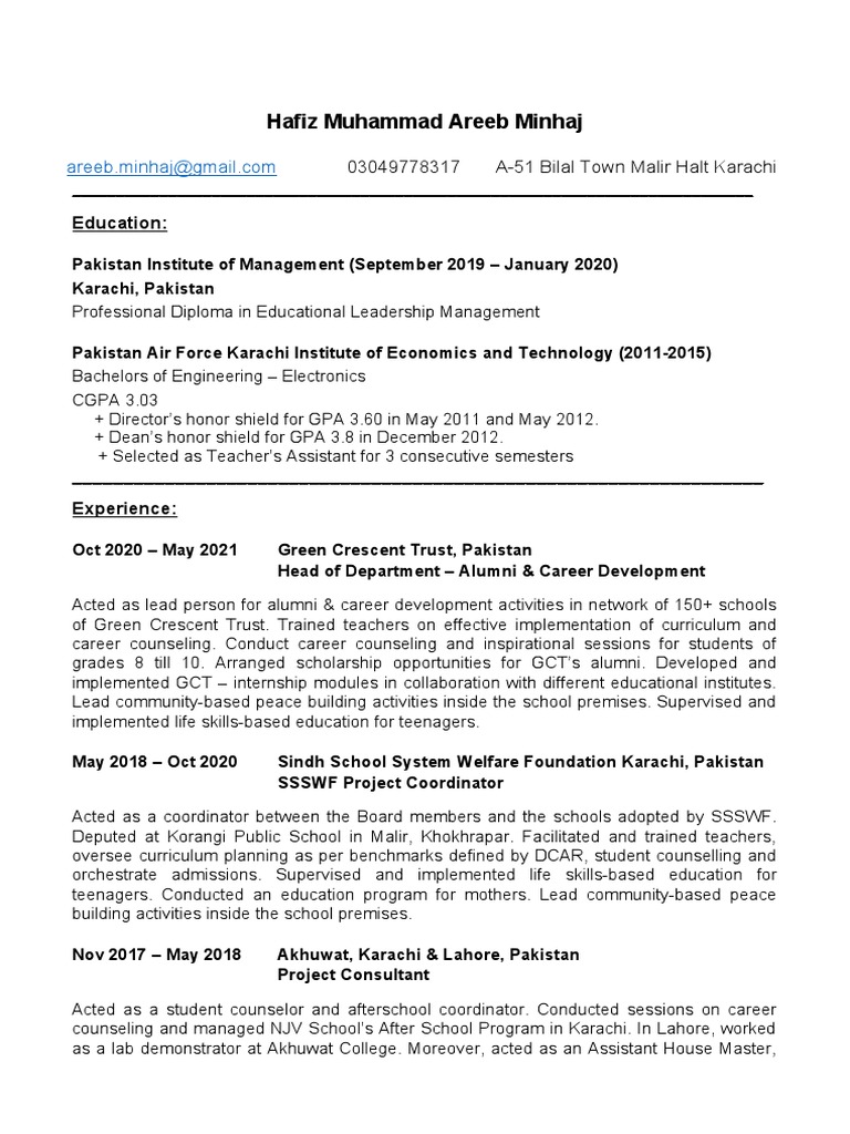 Areeb Minhaj Resume | PDF | Teachers | Pakistan