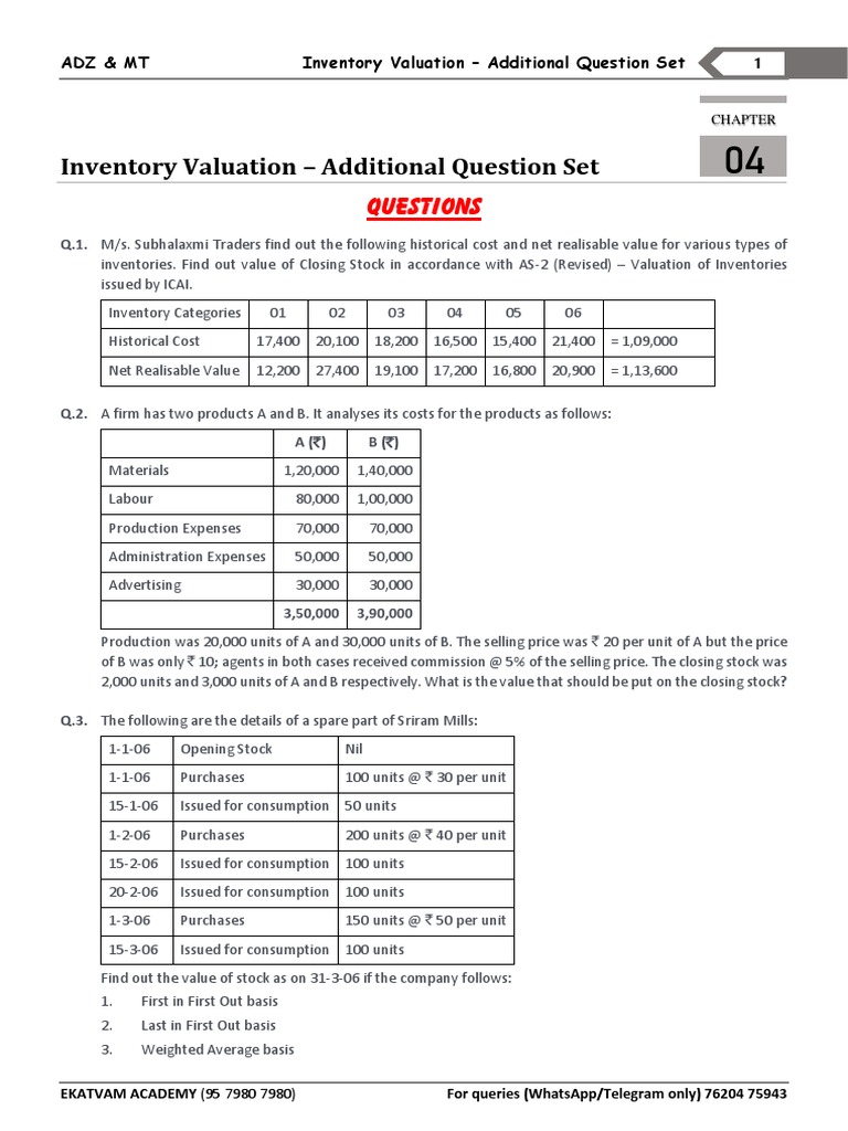 Inventory Valuation - Additional Question Set: Questions | PDF | Inventory | Valuation (Finance)
