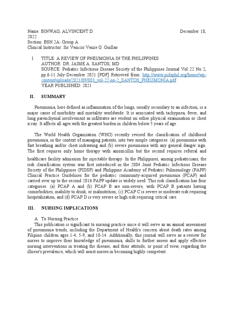 Pediatric Ward Journal Binwag BSN 2a | PDF | Pneumonia | Nursing